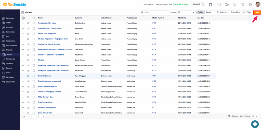 Creating matters - RunSensible Help Center